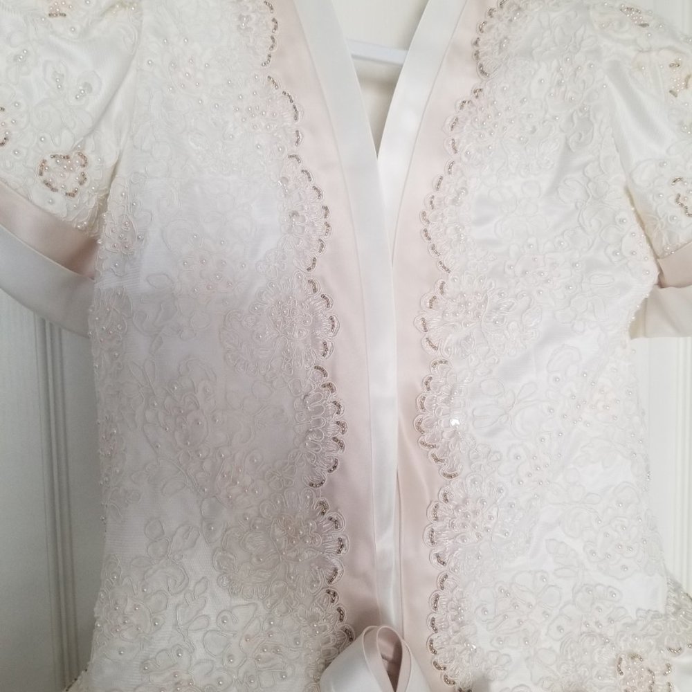 Ivory And Rum Pink Satin Rose Bustle Wedding Dress - Gem